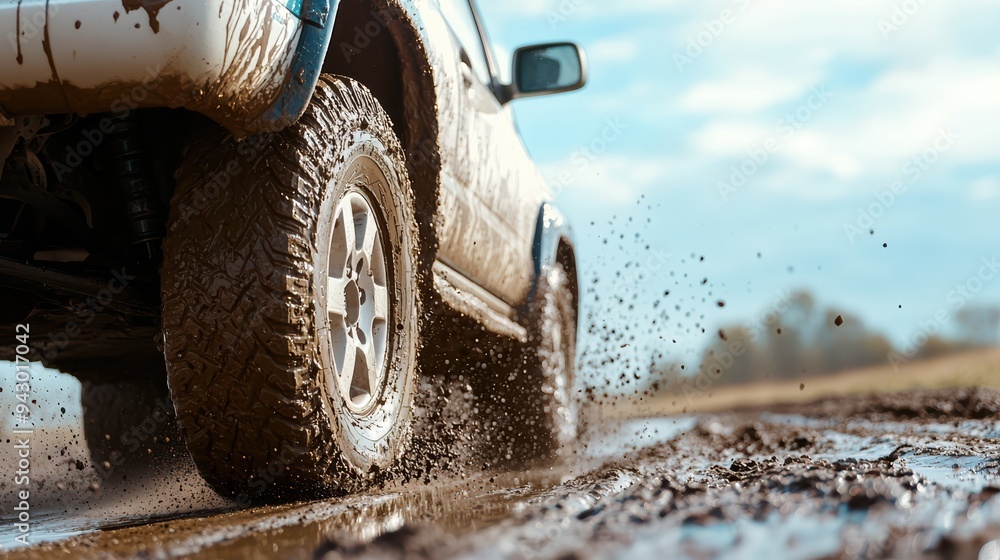 A muddy tire splashes through wet terrain, showcasing thrill of off ...