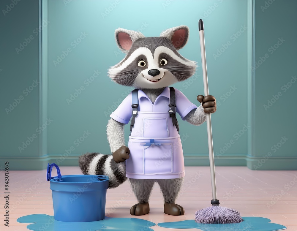 3D raccoon wearing a cleaning uniform stands beside a mop and a bucket ...