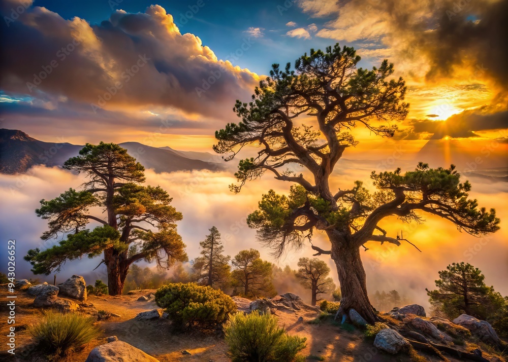 Dramatic twilight landscape featuring twisted ancient pinyon trees ...