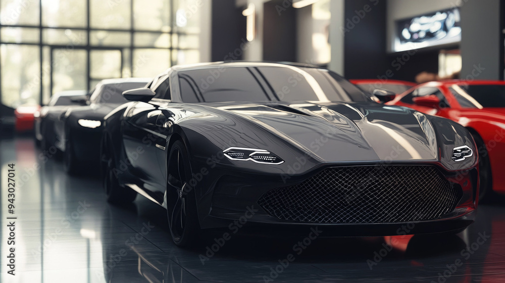Luxury cars lineup in a showroom, with emphasis on the black car in the ...