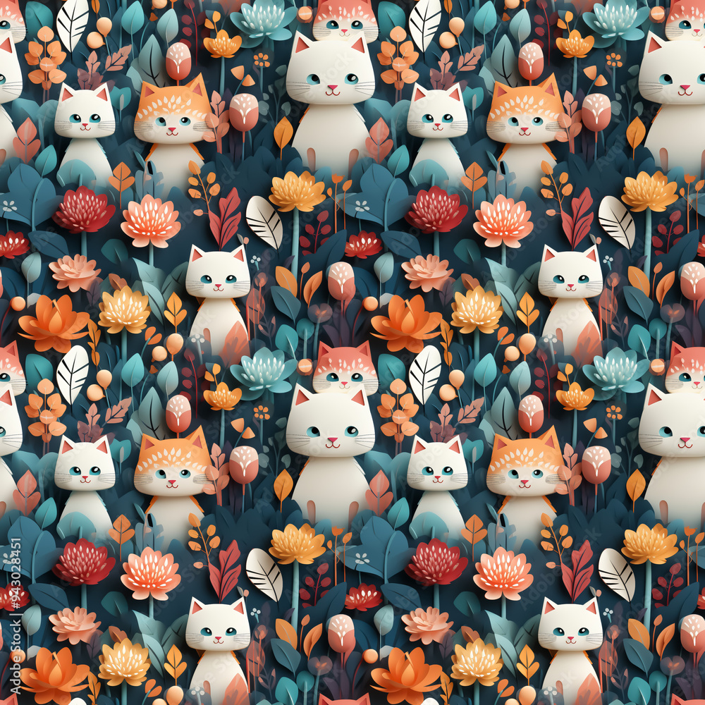 3D illustration seamless patterns of cats and flowers featuring ...