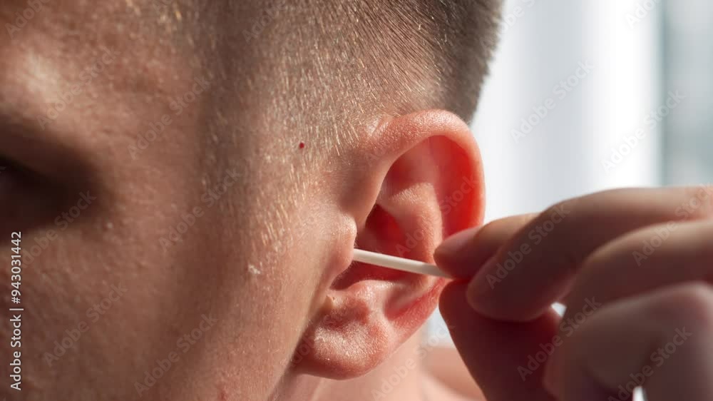 A guy cleans his ears from earwax with a cotton swab. Human ear close ...
