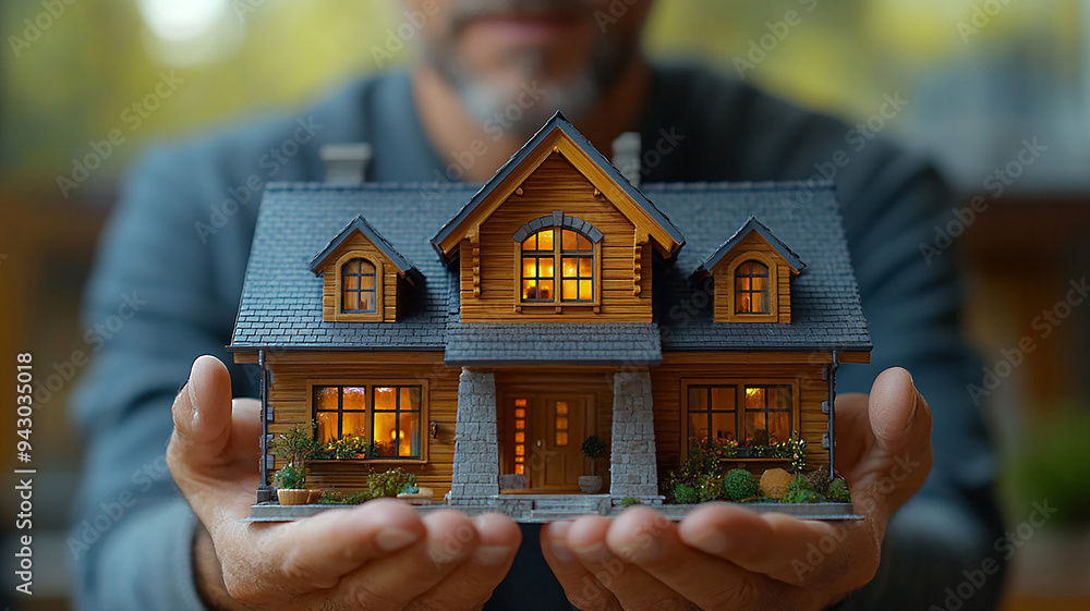 Insurance professional handling a home insurance claim, house model ...