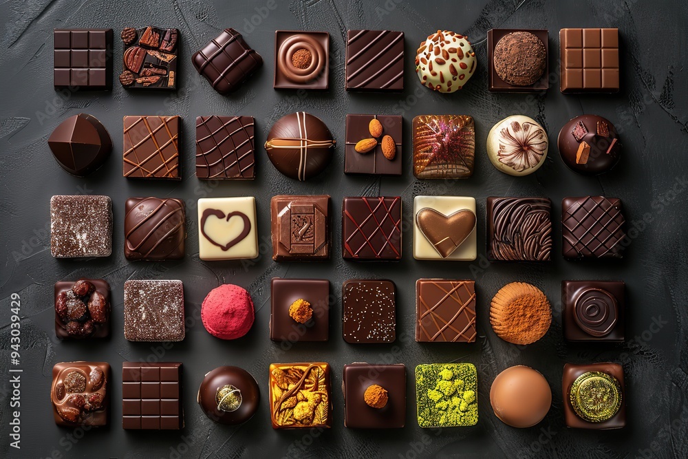 Chocolate sweets. Chocolate candy assortment. Abundance. Top view, flat ...