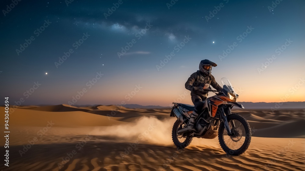 A Rugged Dakar Adventure Bike with a Rider. Vast Desert Rally ...