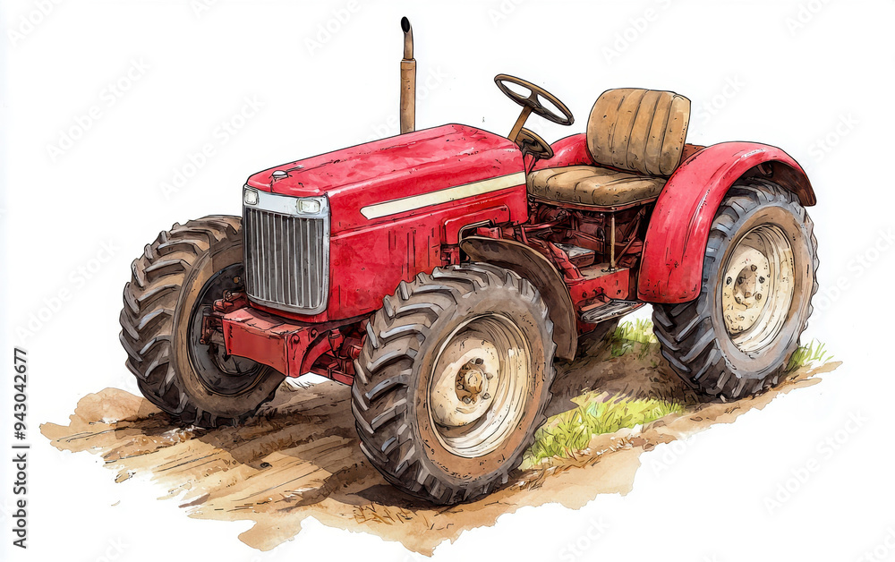 Vintage red tractor illustration featuring detailed textures and a ...