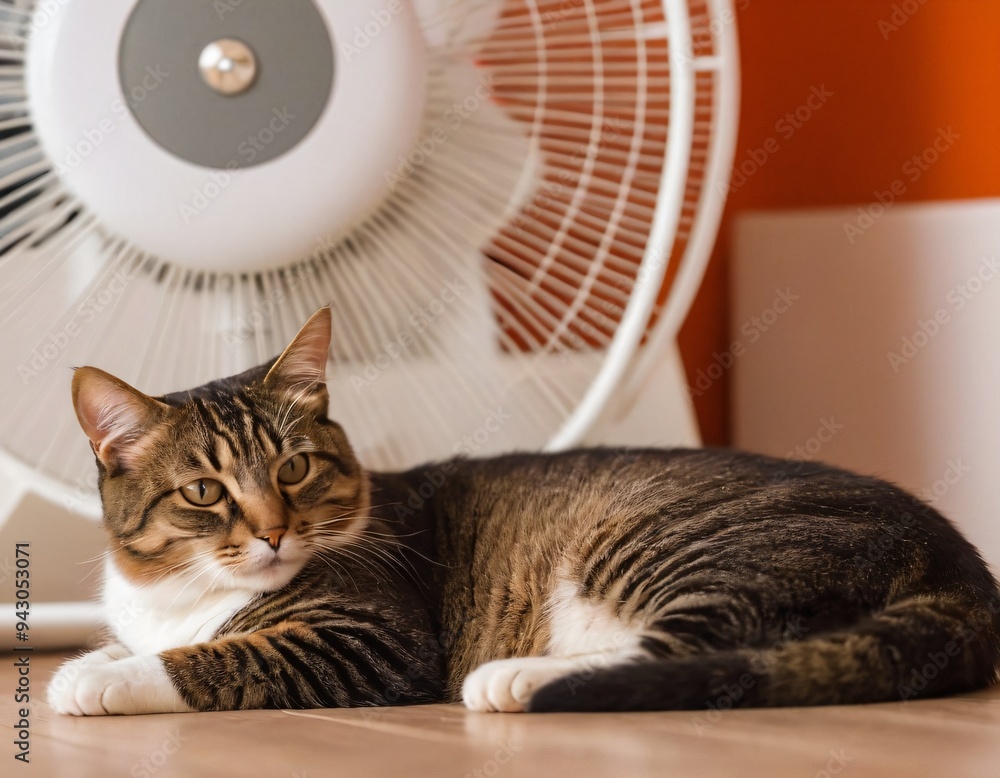 Cat lying in front of a white electric fan. Ai generated image Stock ...