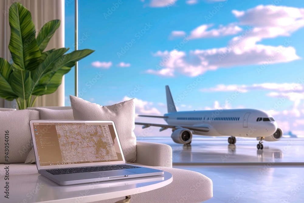 A modern workspace with a laptop overlooking an airplane, blending ...