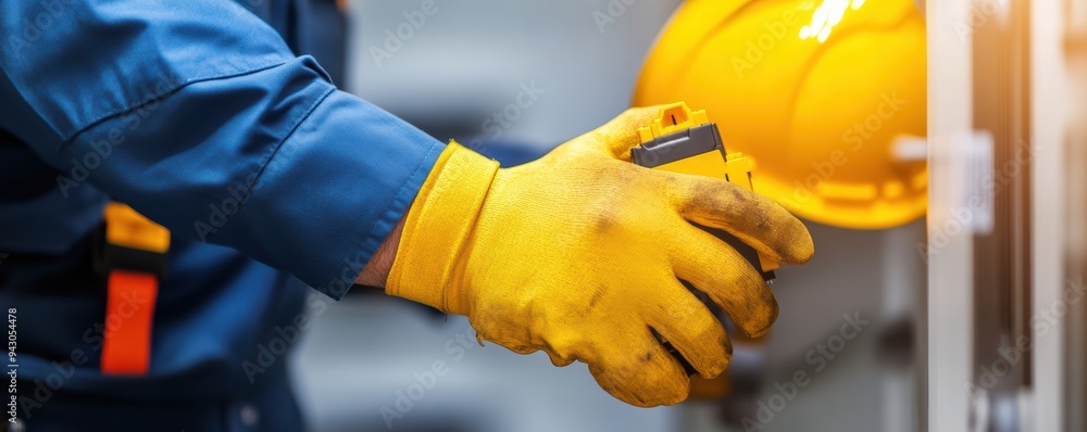 Electrician following lockout/tagout procedures before equipment ...