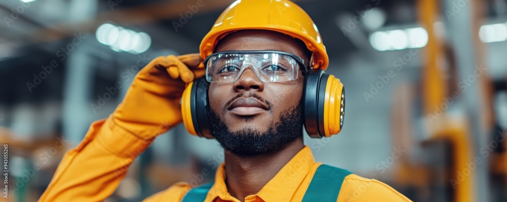 Worker using a noise meter to measure sound levels in a factory ...