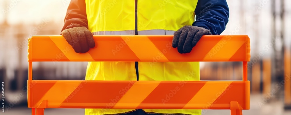 Worker using a portable safety barrier in a restricted area, hazard ...
