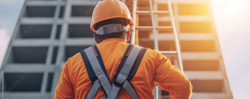 Worker using a safety harness while climbing a high ladder, fall ...