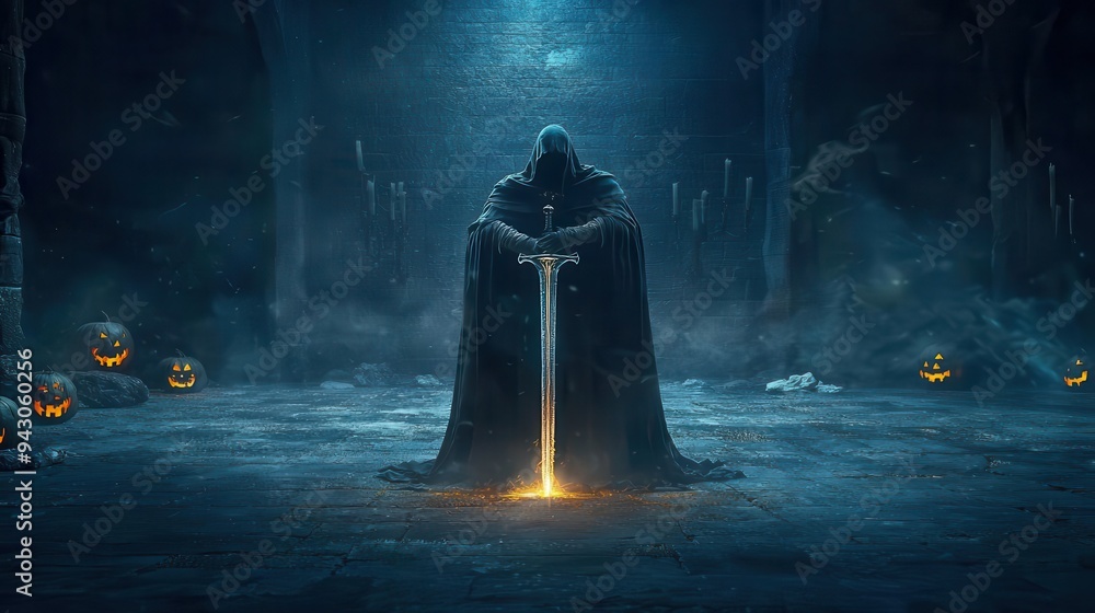 Witch knight summoning spirits with an enchanted sword, dark castle ...