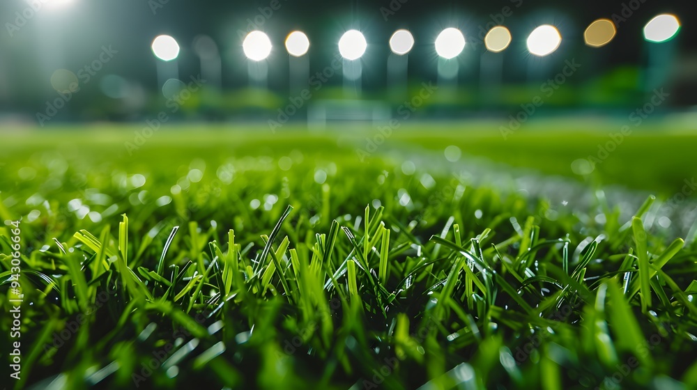 Close up of grass with white line on football field stadium at night ...