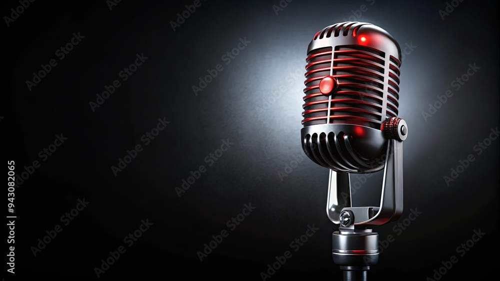 Vintage condenser microphone with red rim in dramatic lighting on black ...