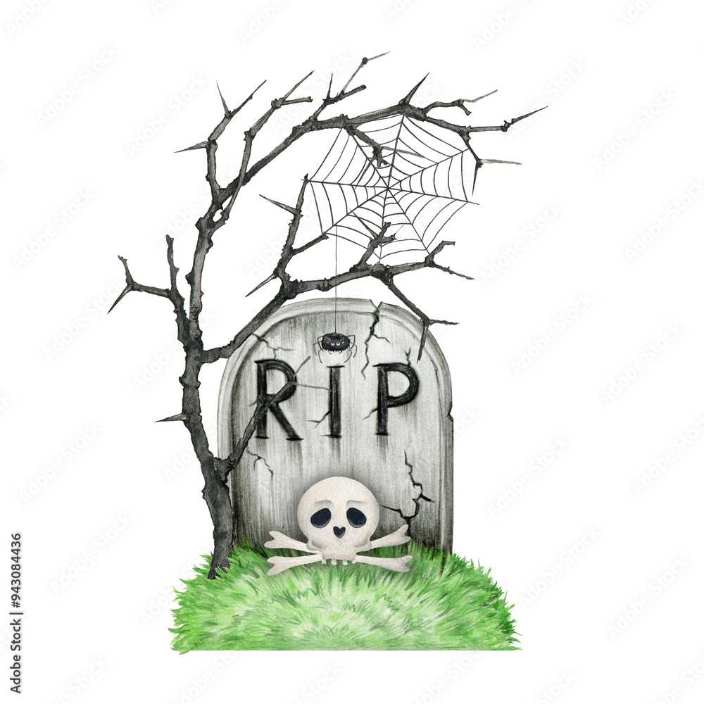 Old stone grave with scull, bones, old growing tree, spider web painted ...