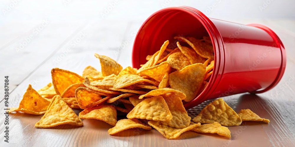 Crunchy golden corn chips overflowing from red bucket surrounded by ...