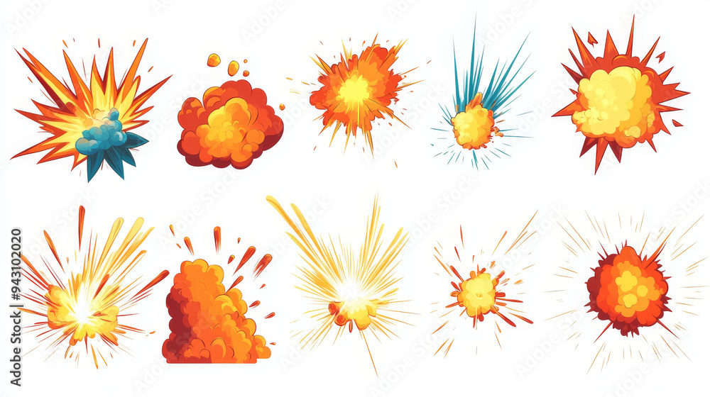 Cartoon explosion and spark effects set. Vector illustrations of comic ...