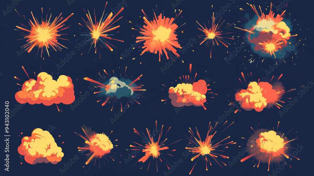 Cartoon explosion and spark effects set. Vector illustrations of comic ...