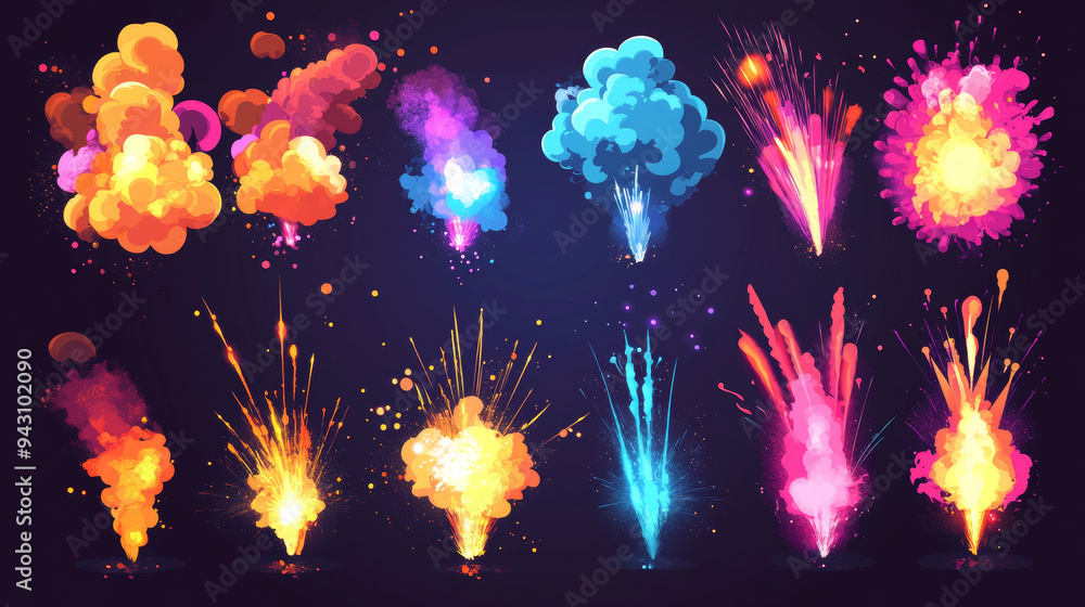 Cartoon explosion and spark effects set. Vector illustrations of comic ...