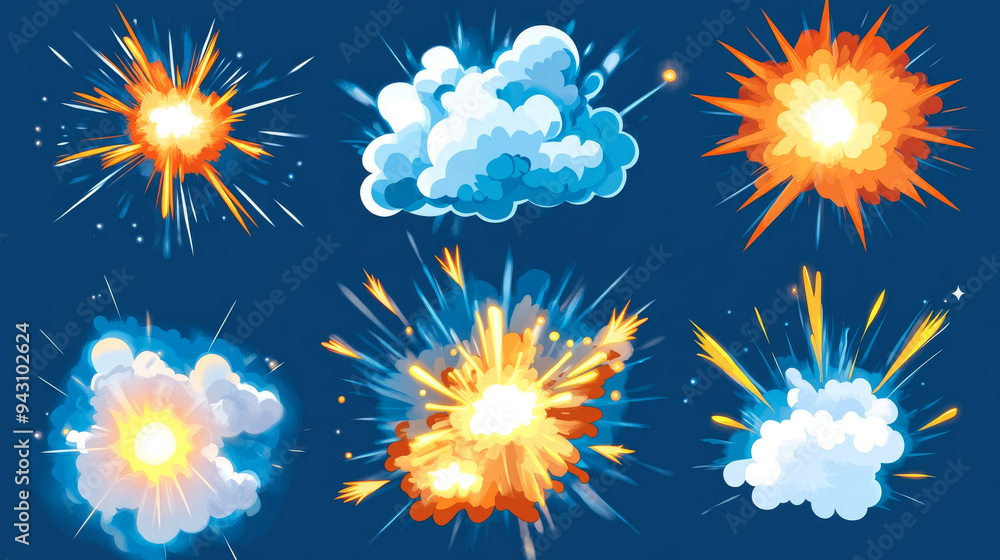 Cartoon explosion and spark effects set. Vector illustrations of comic ...
