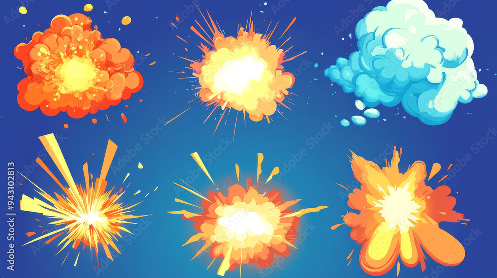 Cartoon explosion and spark effects set. Vector illustrations of comic ...