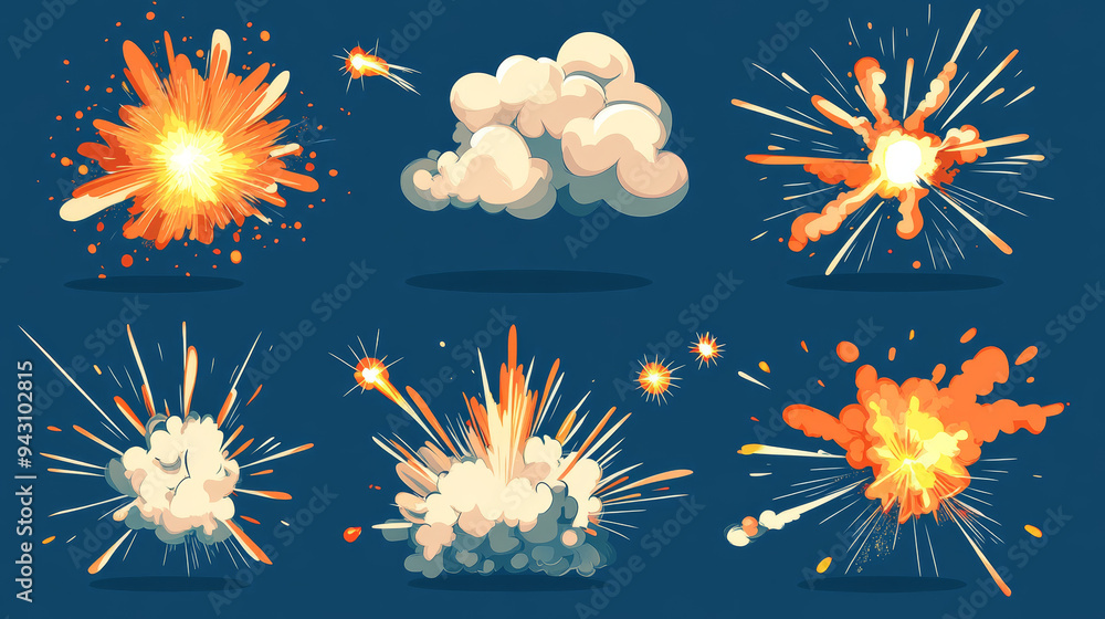 Cartoon explosion and spark effects set. Vector illustrations of comic ...