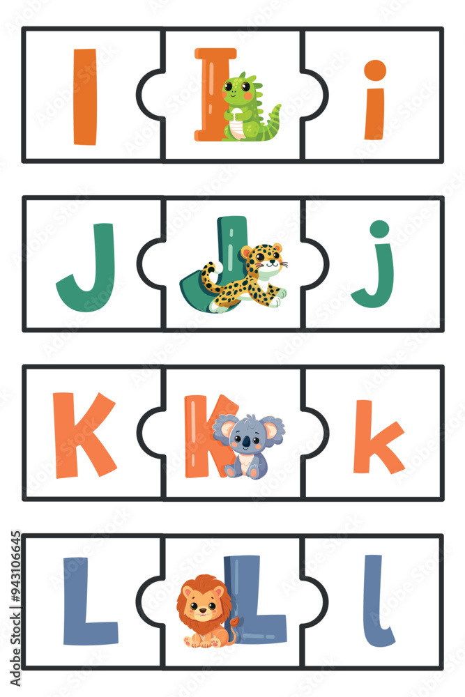 english alphabet puzzle uppercase and lower case letter match i-l ...
