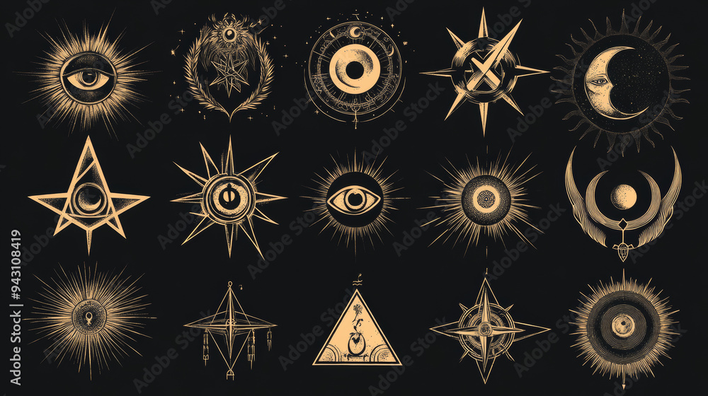 Vector set of occult signs, including occultism, alchemy, and astrology ...