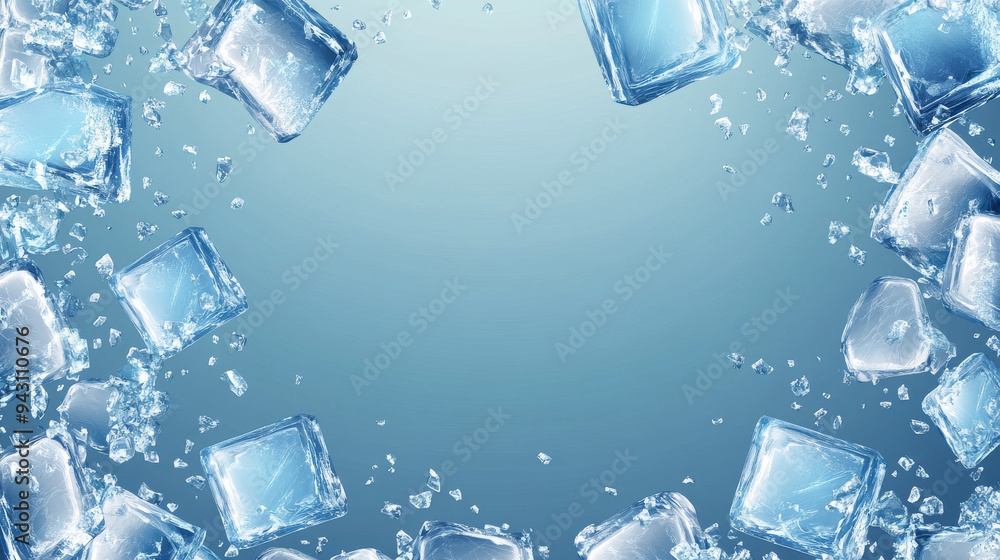 Realistic ice cubes background featuring a crystal-clear frame. Isolated vector border with ...