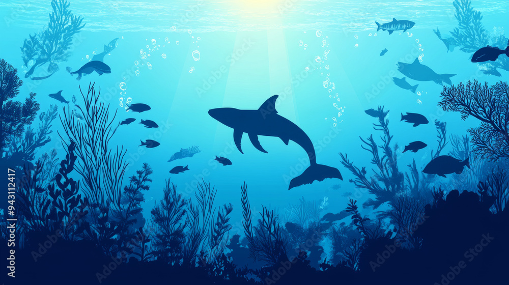 Submerged scenery featuring a variety of sea life: seaweed and coral ...