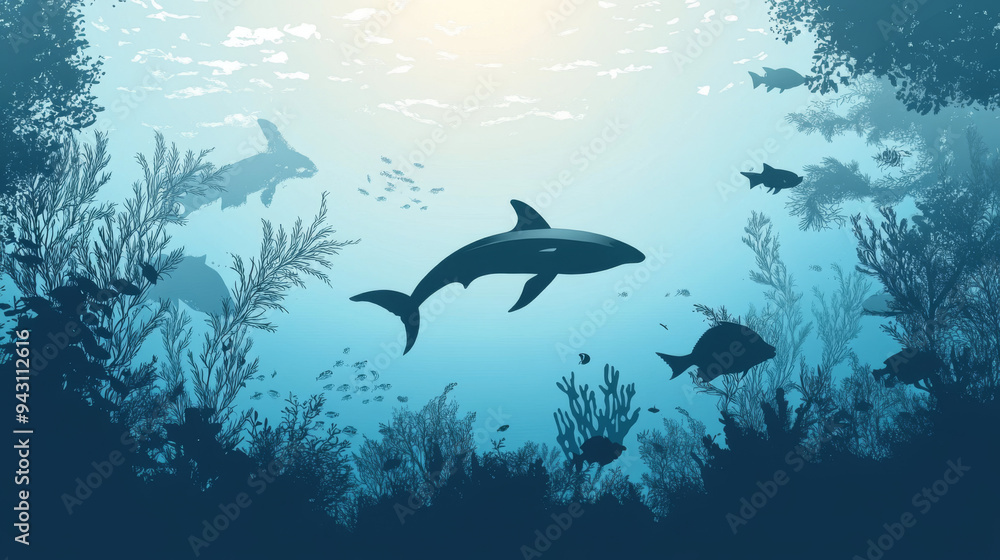 Submerged scenery featuring a variety of sea life: seaweed and coral ...