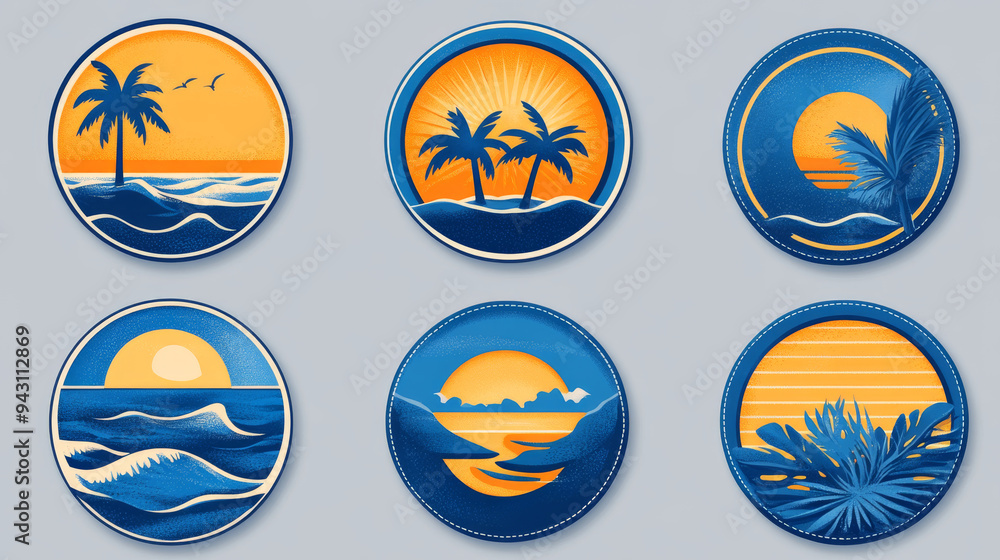 Summer, travel, and vacation badges in blue and orange, featuring ...