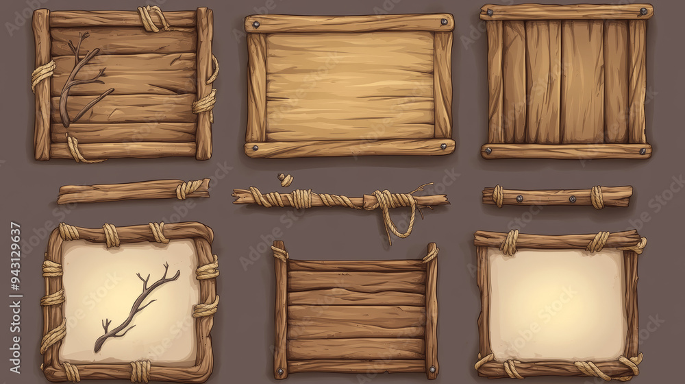 Wooden frames and borders cartoon vector design. Brown wood boards, old ...