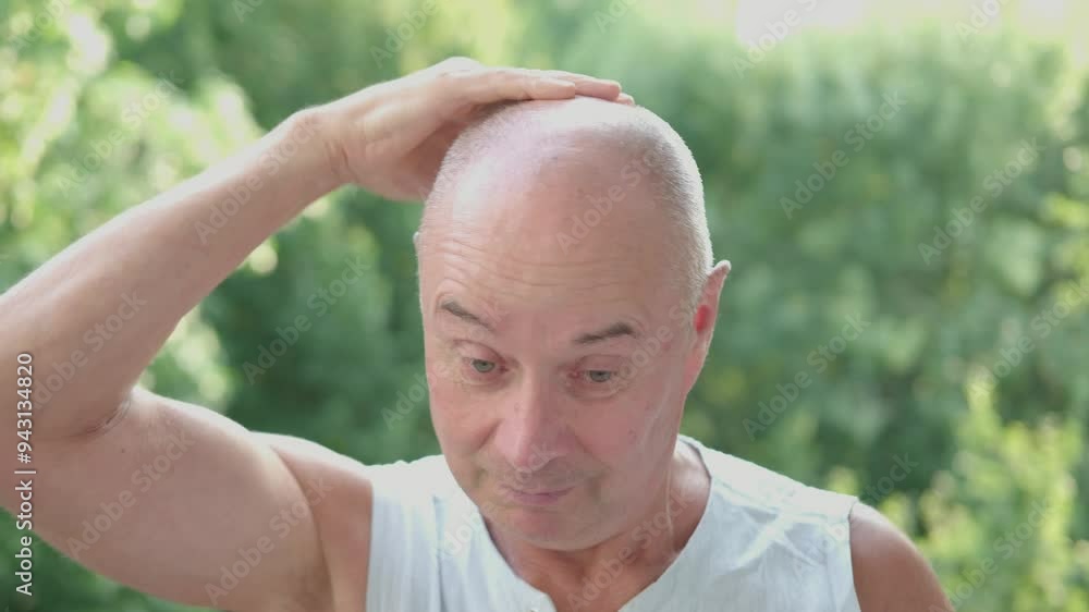 Charming mature man, senior 60 years old looks carefully examines bald ...