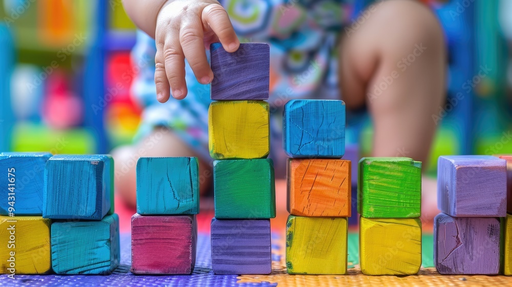 Colorful textile blocks in various shapes stacked on a play mat, with ...