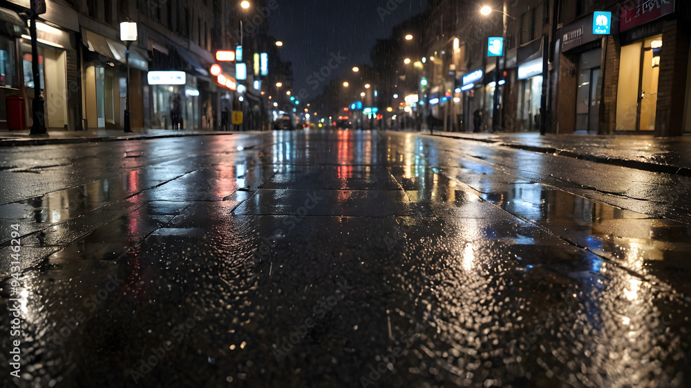 Light rain falling on a city street at night, wet weather, reflections ...