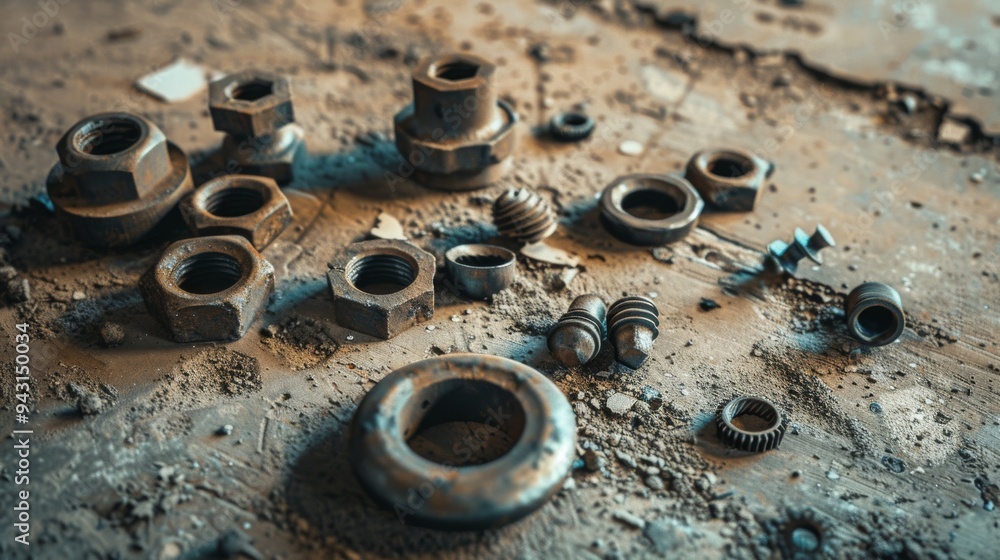 An array of old, rusted nuts and bolts scattered across a dusty surface ...