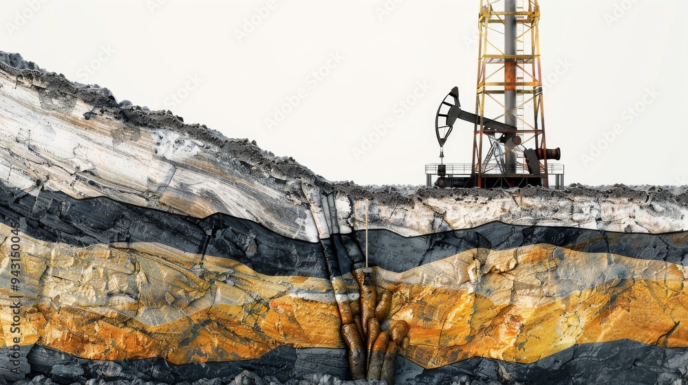 A close-up of a cross-section of an oil drilling site with detailed ...