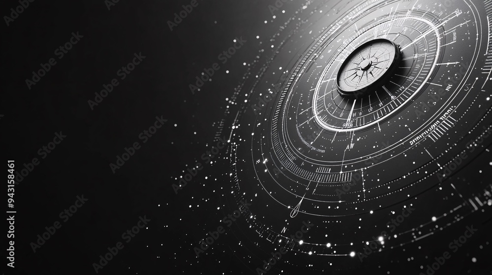 Elegant faint white compass and constellation lines on a black ...