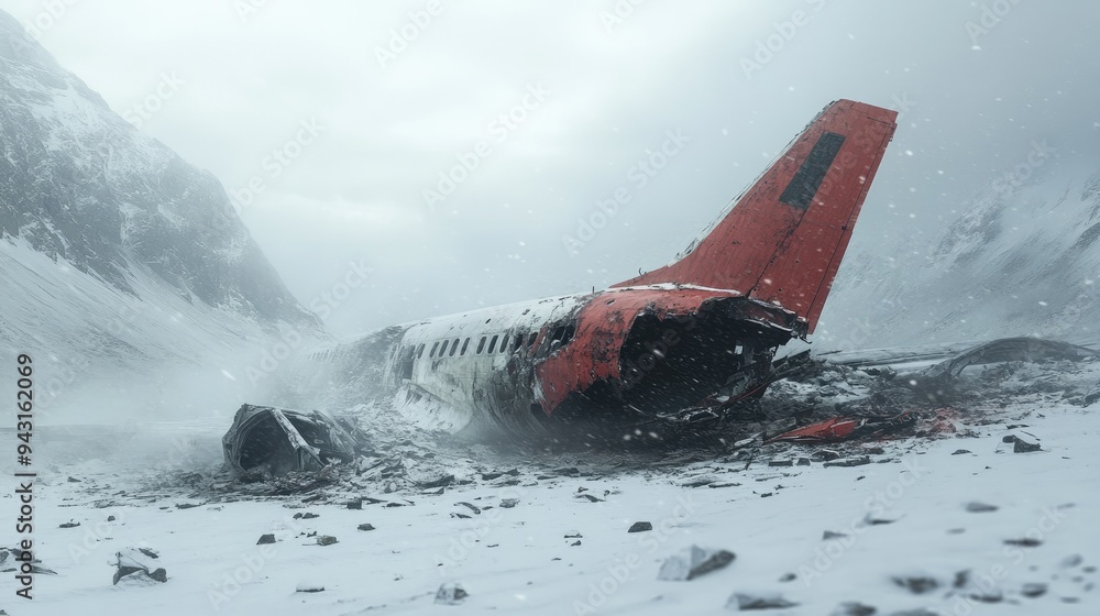 A plane's tail end is visible amidst snow and debris, illustrating a ...