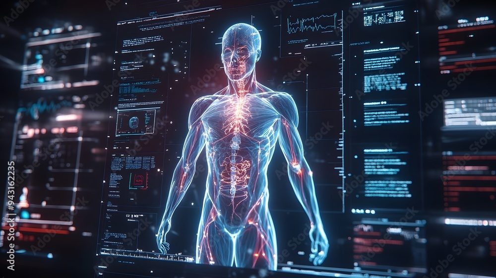 12. **Create an image of a holographic human body with real-time data ...
