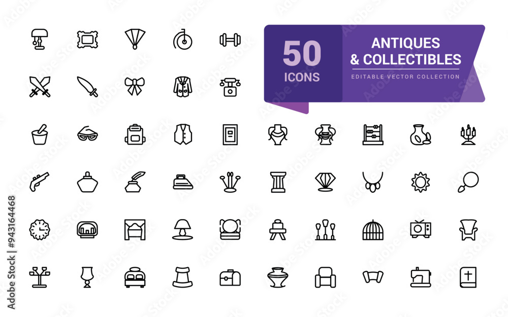 Antiques and Collectibles icon collection. Set of Antique Collectibles ...