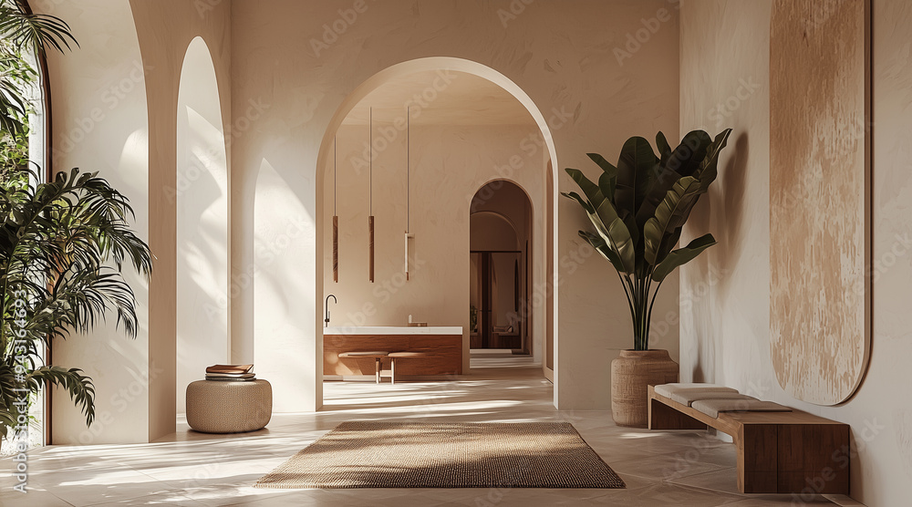 Boho, mediterranean interior design of modern home entryway, hall with ...