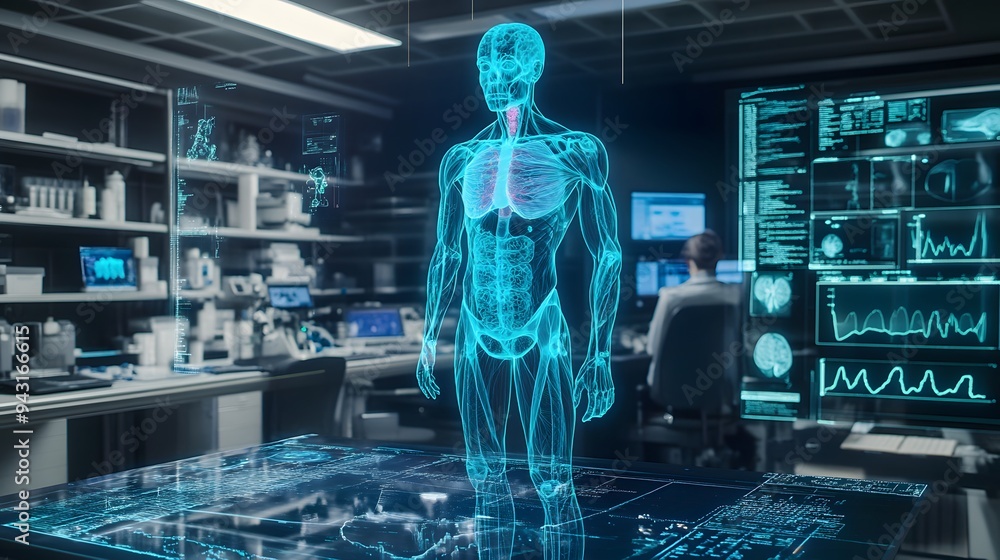 17. **Visualize a hologram of a human body in a high-tech laboratory ...
