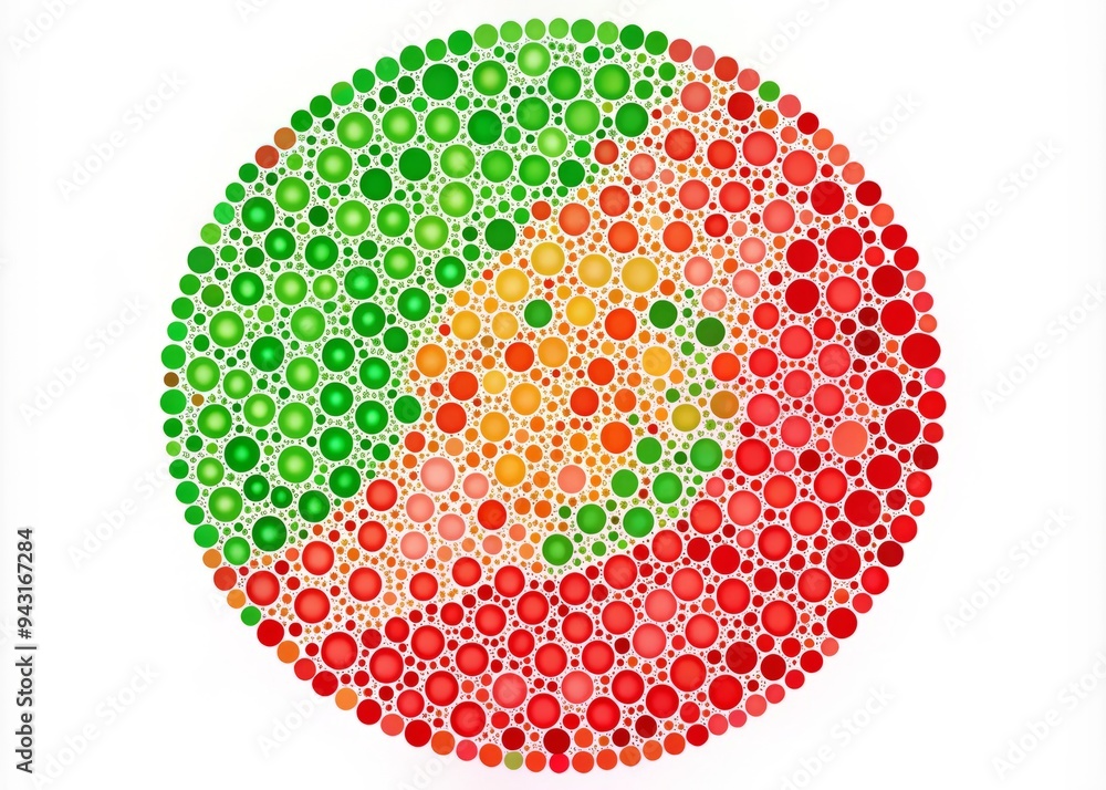 A standardized Ishihara circle diagram displays numerals and shapes in ...