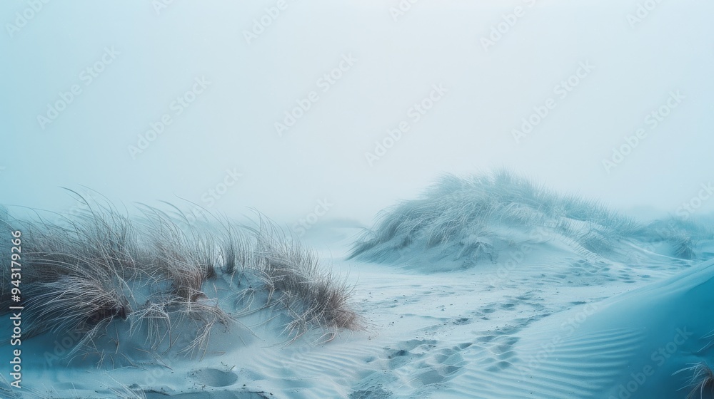 Windswept sand dunes stretch across a foggy, ethereal landscape, with ...