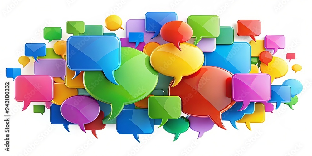 Colorful speech bubbles in various shapes and sizes overlap and ...