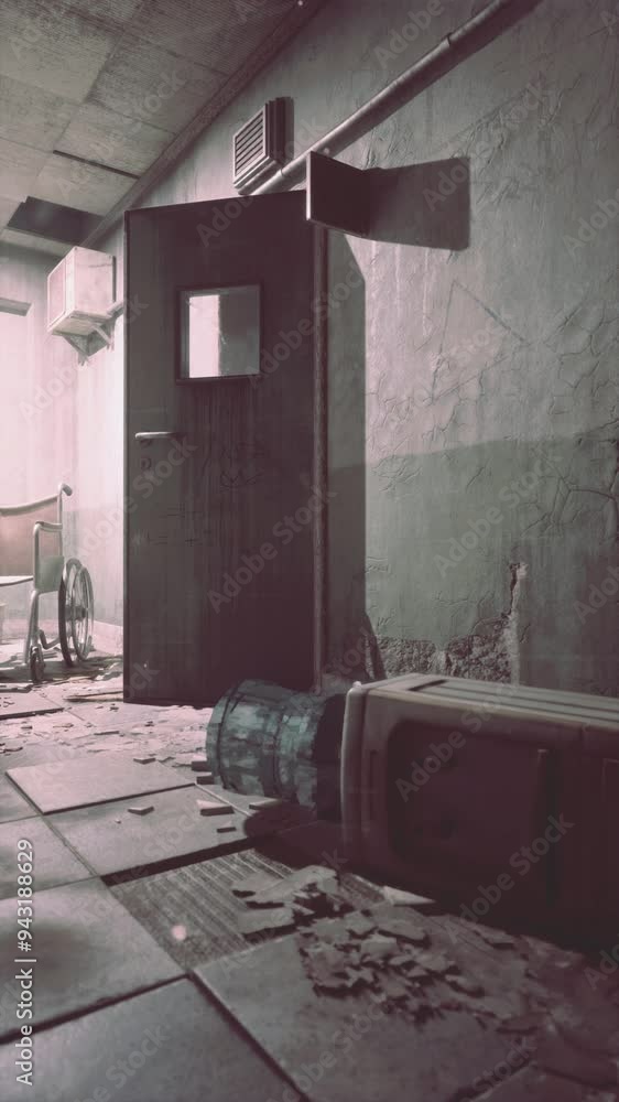 A gloomy interior of an abandoned hospital room with piles of trash ...