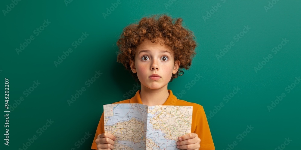 surprised young boy holding a map, confused boy looking at a map, child ...
